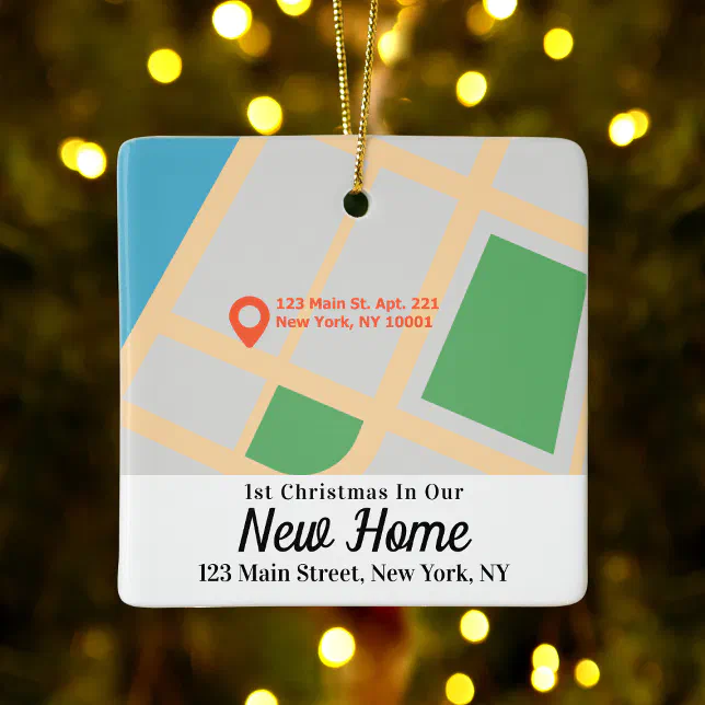 Custom Map First Christmas New Home Address Ceramic Ornament | Zazzle