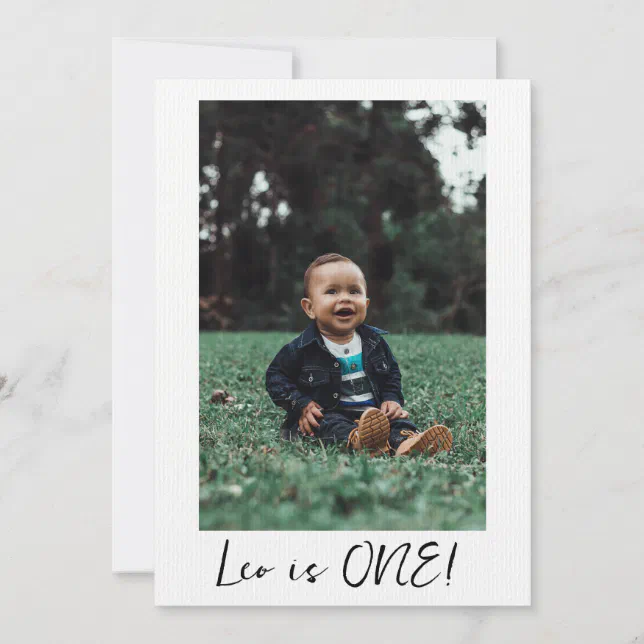 Custom Name Minimal Leo 1st Birthday First Photo Invitation | Zazzle