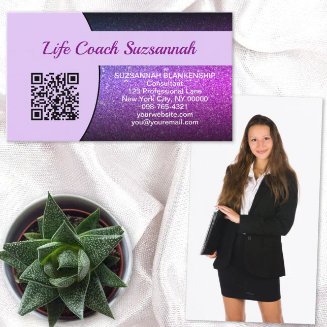 Custom Photo Back Purple Glitter QR Code Front Business Card | Zazzle