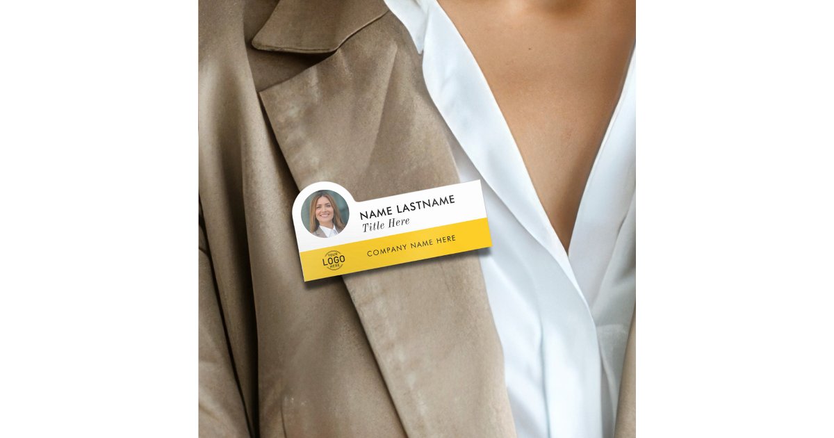 Custom Photo ID Logo Modern Yellow Simple Employee Name Tag | Zazzle