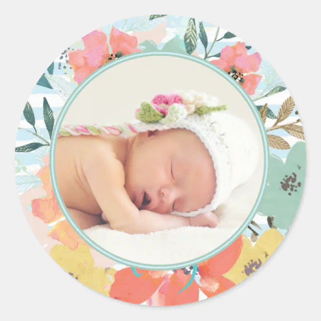 Custom Pretty Watercolor Floral Photo Frame Classic Round Sticker | Zazzle