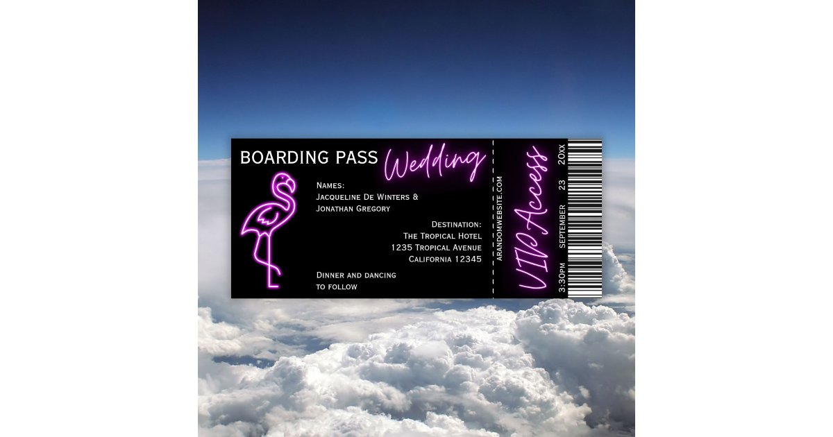 Custom Retro Boarding Pass Neon Flamingo Wedding Invitation | Zazzle