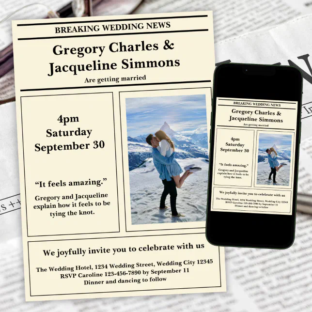 Custom Retro Elegant Newspaper Photo Quote Wedding Invitation | Zazzle