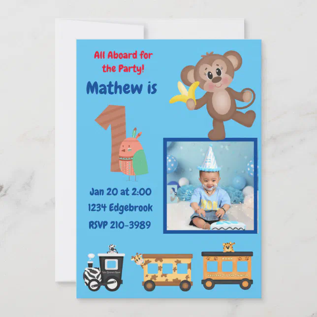 Cute All Aboard Jungle Theme 1st Birthday Party Invitation | Zazzle