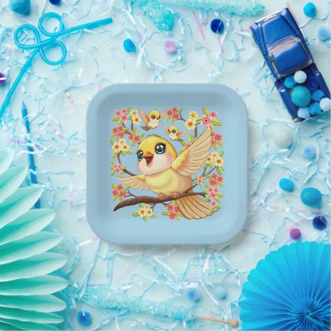 Cute and Happy Birds among Spring Flowers Paper Plate | Zazzle