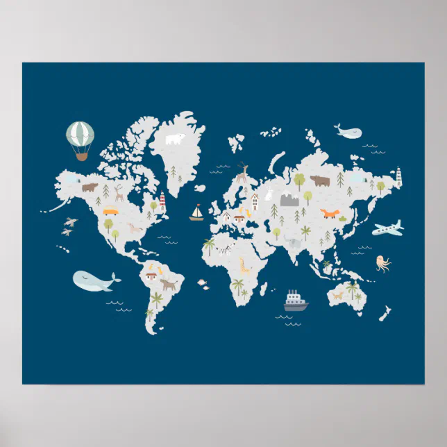 Cute Animal World Map Poster | Zazzle