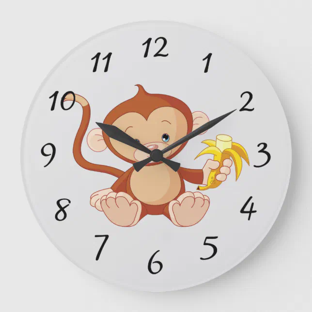 Cute animated monkey with banana large clock | Zazzle