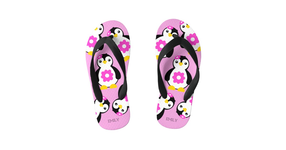 Cute Baby Girl Penguins with Pink Flowers Kid's Flip Flops | Zazzle