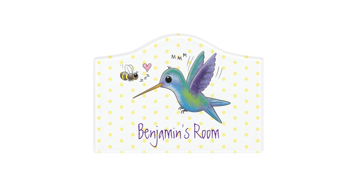Cute bee hummingbird cartoon illustration door sign | Zazzle