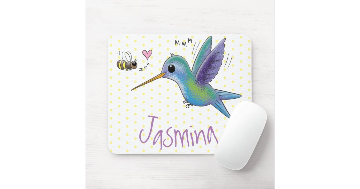 Cute bee hummingbird cartoon illustration mouse mat | Zazzle