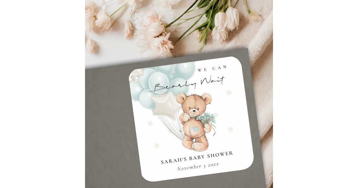 Cute Blue Bearly Wait Bear Balloon Baby Shower Square Sticker | Zazzle