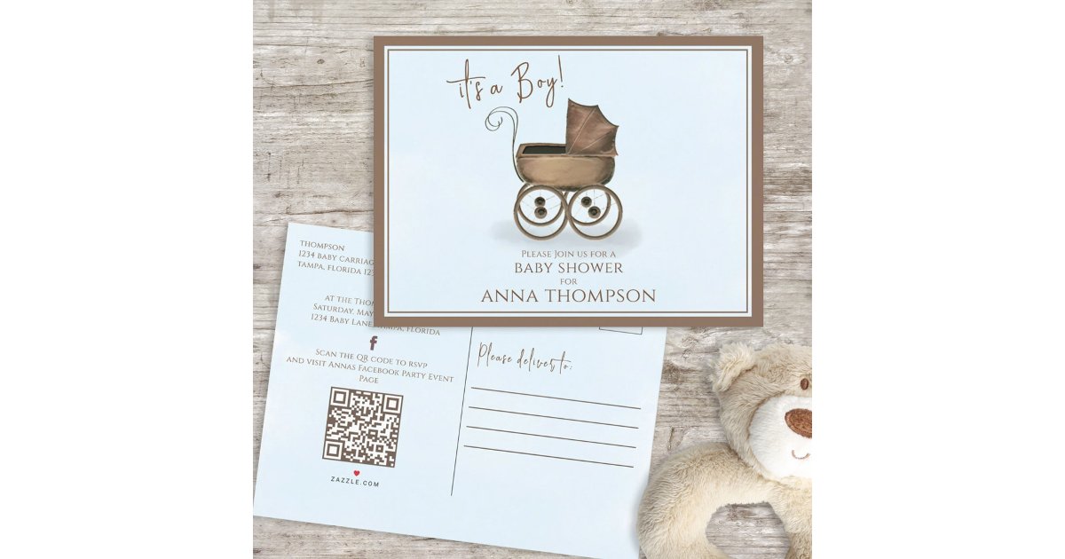 Cute Blue Boy Vintage Baby QR Code Social Media Invitation Postcard ...