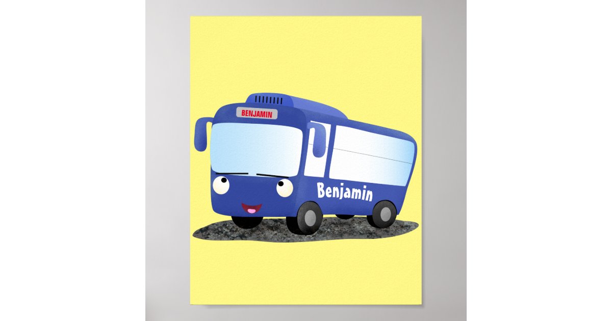 Cute blue modern bus cartoon illustration poster | Zazzle