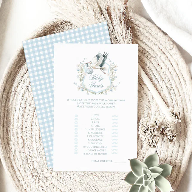 Cute Blue Stork Delivery Baby Shower Traits Game | Zazzle