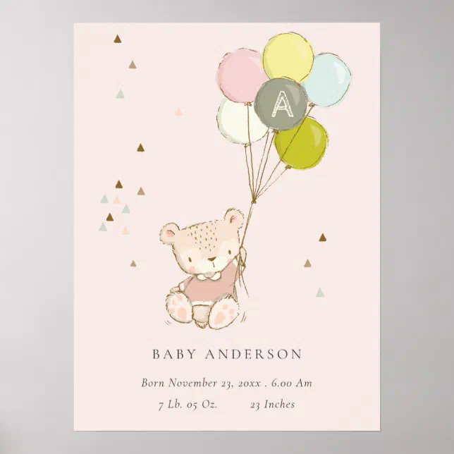 Cute Blush Bear Balloon Girly Monogram Baby Poster | Zazzle