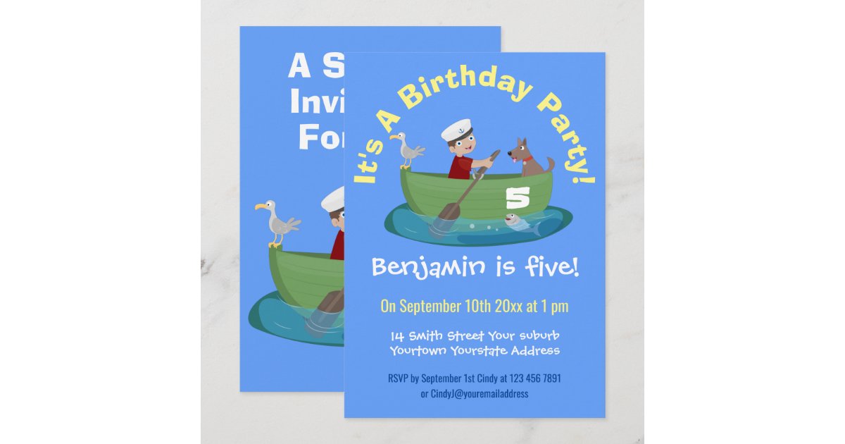 Cute boy sailor and dog rowing boat cartoon invitation | Zazzle