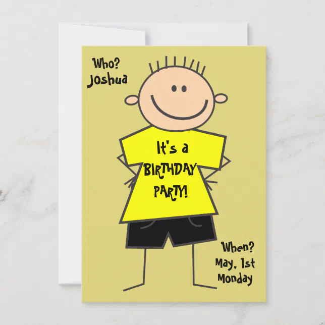 Cute Boy Stick Figure Birthday Invitation | Zazzle