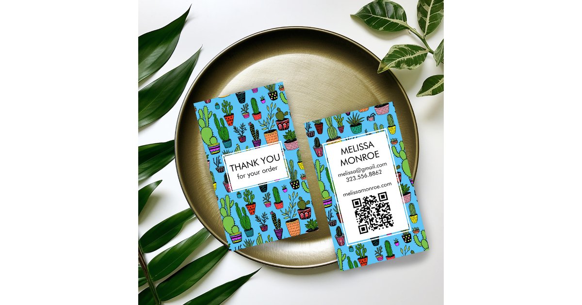 Cute Cacti & Succulents QR Code Order Thank You Business Card | Zazzle