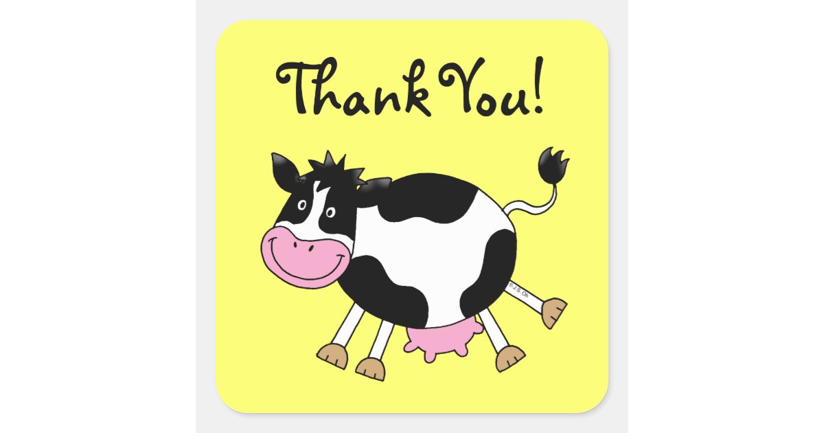 Cute cartoon cow thank you square sticker | Zazzle