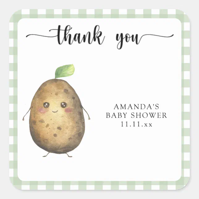 Cute cartoon potato baby shower thank you square sticker | Zazzle
