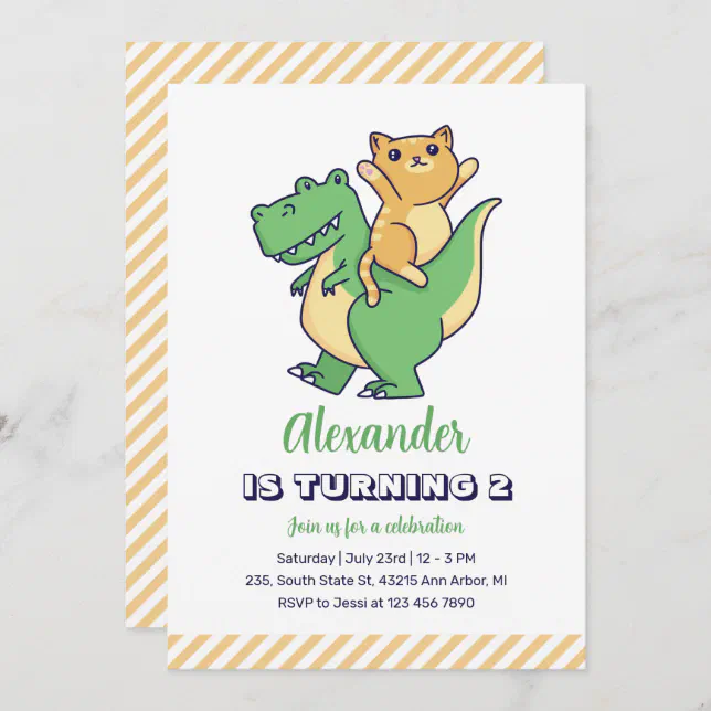 Cute Cat Riding T-Rex Dinosaur Kids Dino Birthday Invitation | Zazzle