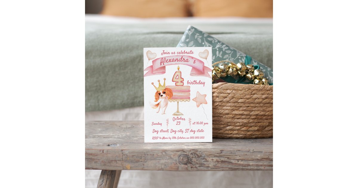 Cute Cavalier with cake celebrate fourth birthday Invitation | Zazzle