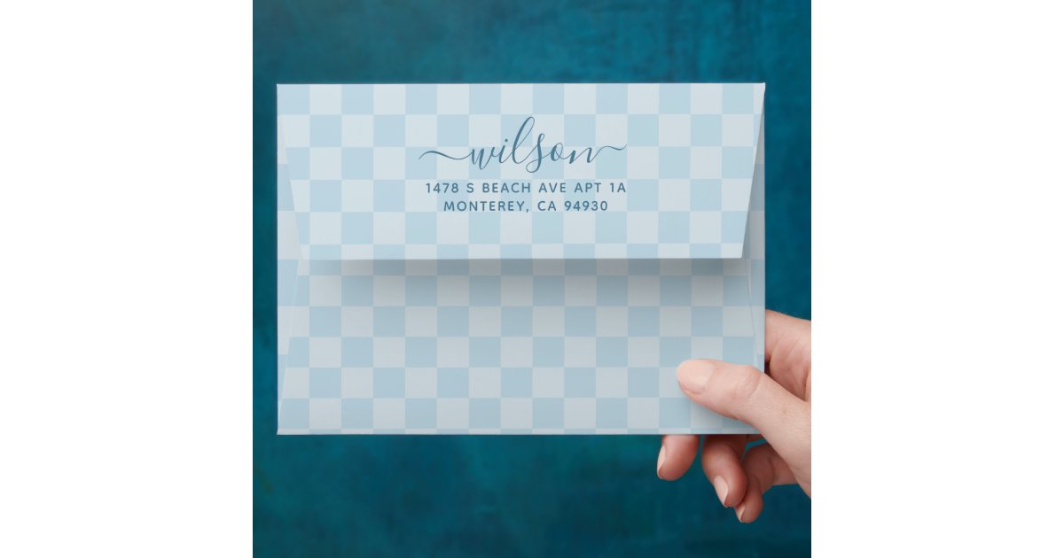 Cute Chequered Dusty Blue Script font Envelope | Zazzle