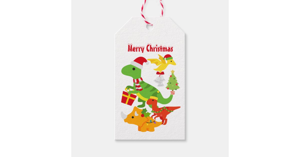 Cute Christmas Dinosaur Kids White Gift Tags | Zazzle