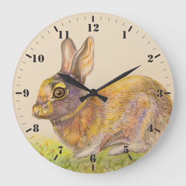 Cute colourful Bunny drawing art Large Clock | Zazzle