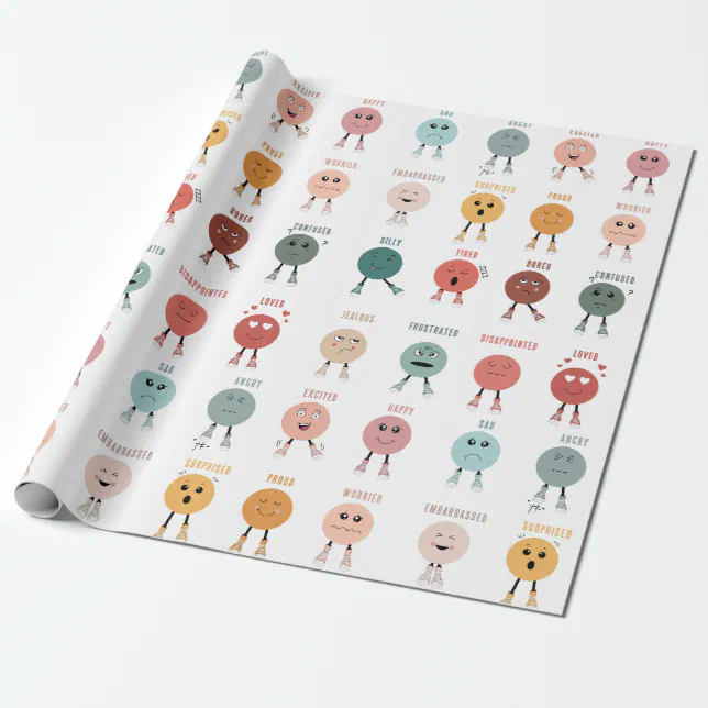 Cute Colourful Feelings Emotions Faces Chart Wrapping Paper | Zazzle