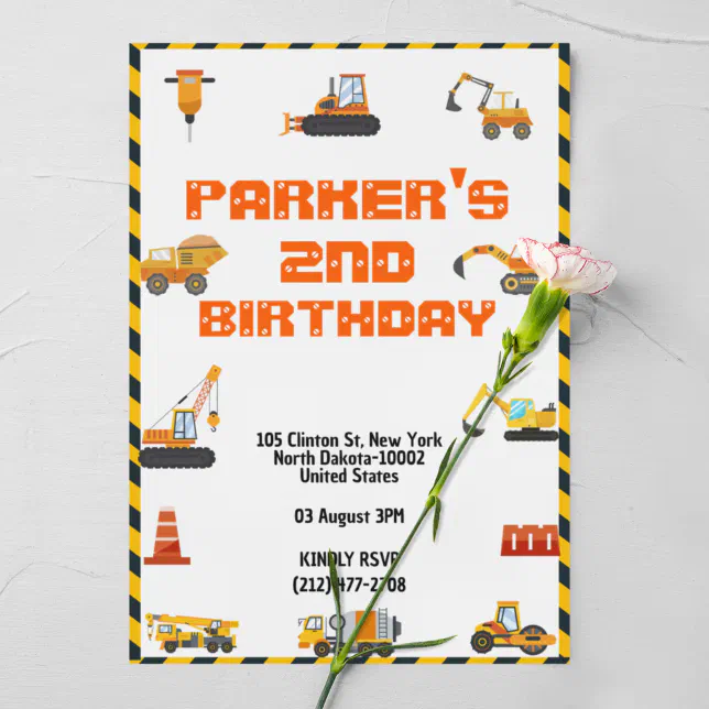 Cute Construction Theme Kid's Birthday Party Invit Invitation | Zazzle