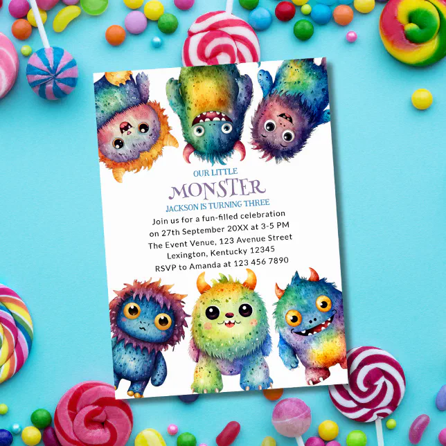 Cute Cuddly Colourful Little Monsters Kids Birthda Invitation | Zazzle