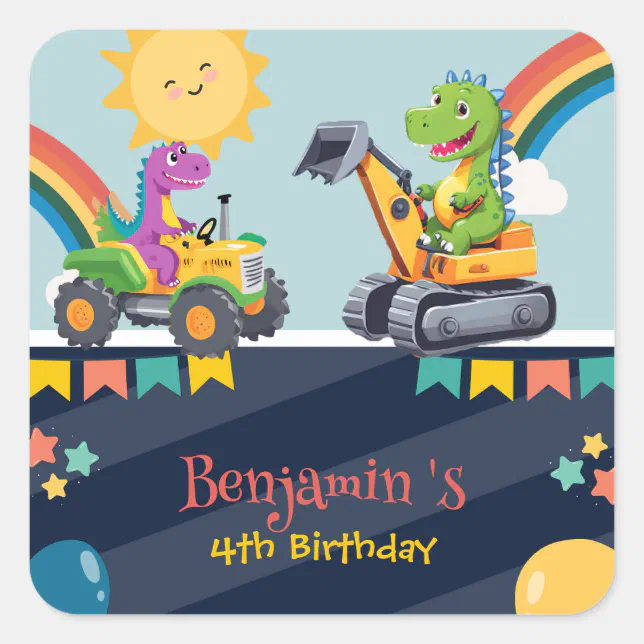 Cute dinosaur tractor truck Rainbow balloon HBD Square Sticker | Zazzle