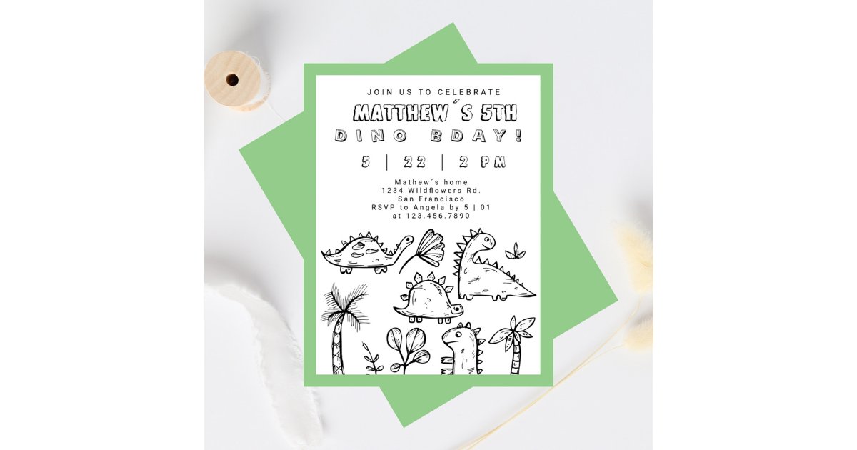 Cute Doodles Sage Green Dino Party Kid´s Birthday Invitation | Zazzle