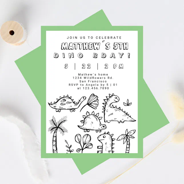 Cute Doodles Sage Green Dino Party Kid´s Birthday Invitation | Zazzle