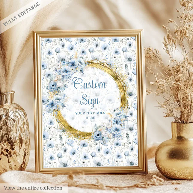 Cute dusty blue watercolor flowers gold custom poster | Zazzle