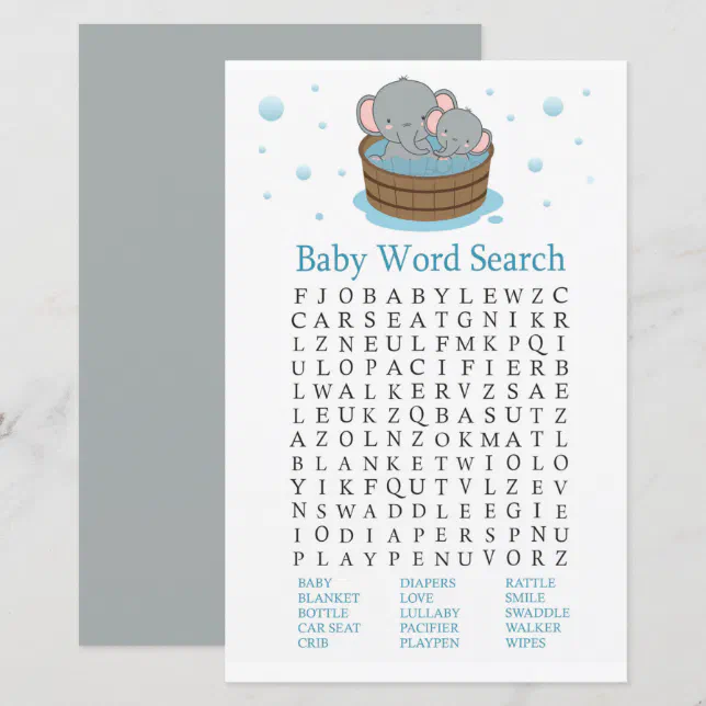 Cute Elephant Baby Shower Word Search Game | Zazzle