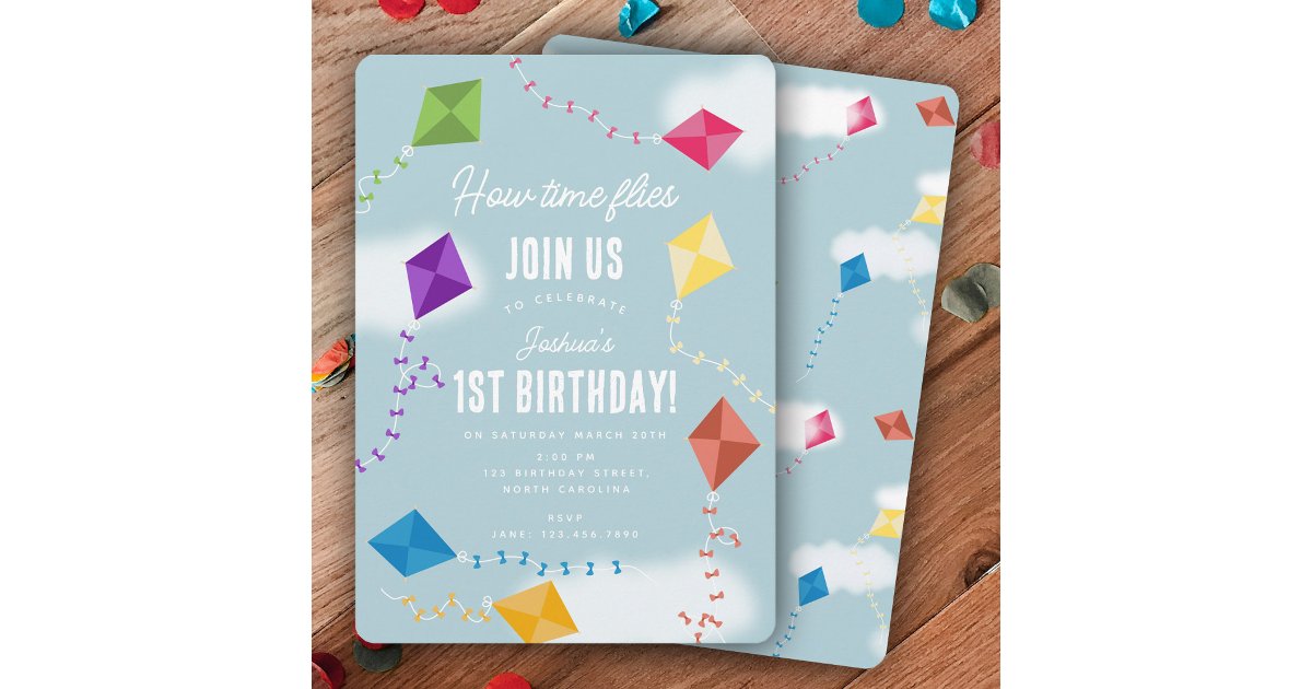 Cute Flying Kites Kids How Time Flies Birthday Invitation | Zazzle