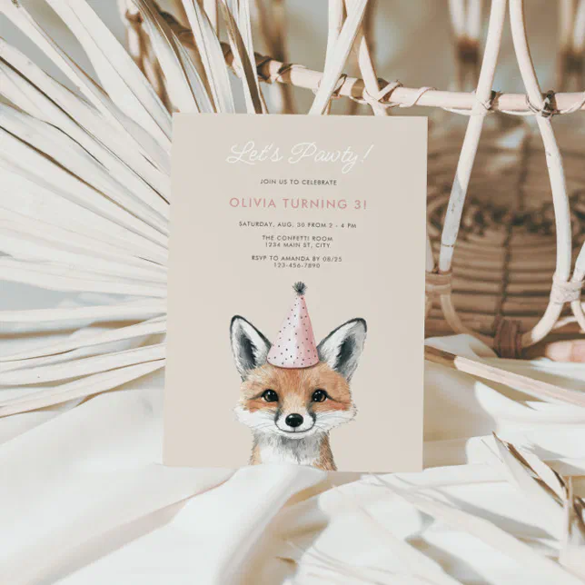 Cute Fox Party Hat Woodland Birthday Invitation | Zazzle