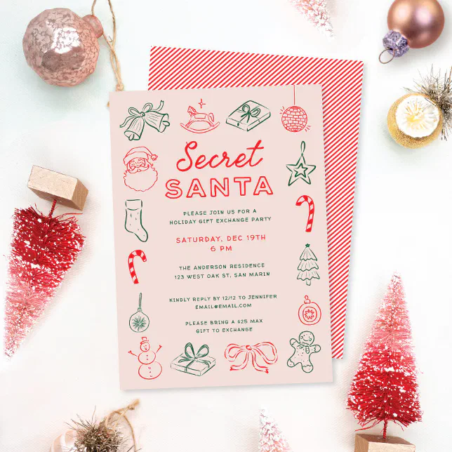 Cute Fun Christmas Doodles Secret Santa Holiday Invitation | Zazzle