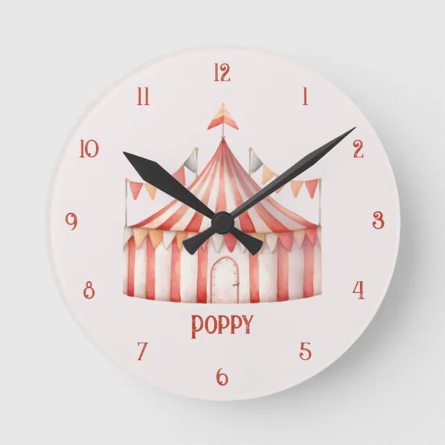 Cute fun Pink Circus Tent Child's Wall Clock | Zazzle