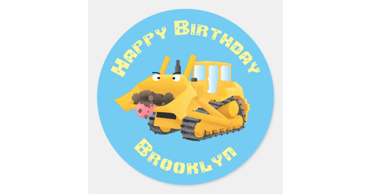 Cute funny yellow bulldozer cartoon character classic round sticker ...