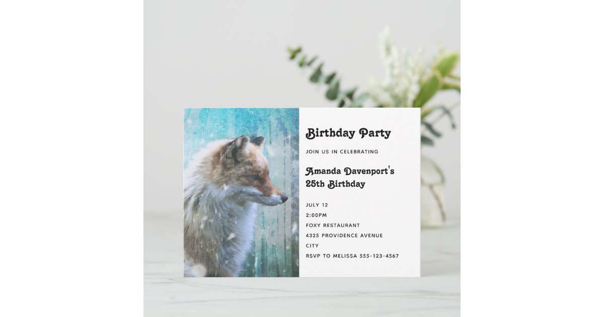 Cute Furry Fox on Blue Grunge Background Birthday Invitation | Zazzle