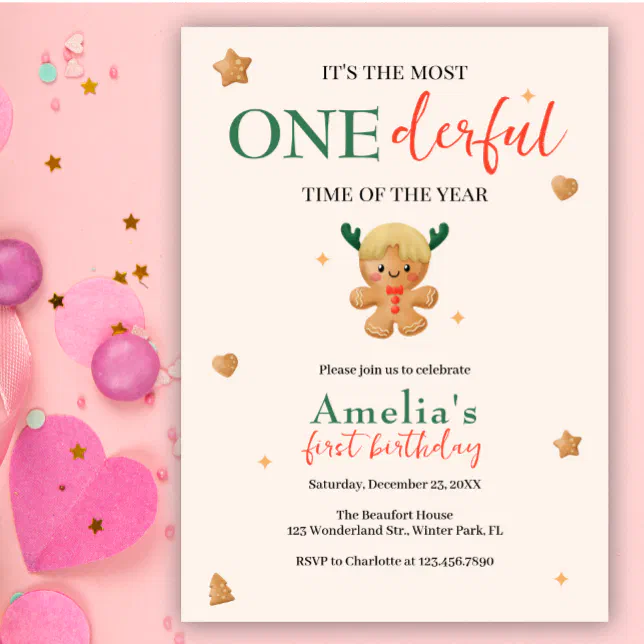 Cute Gingerbread Onederful Christmas 1st Birthday Invitation | Zazzle