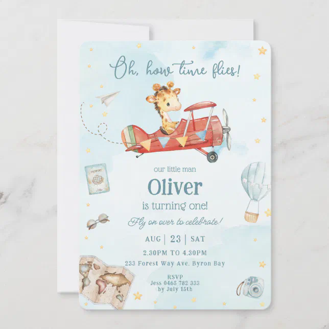 Cute Giraffe Plane Adventure Time Flies Birthday Invitation | Zazzle