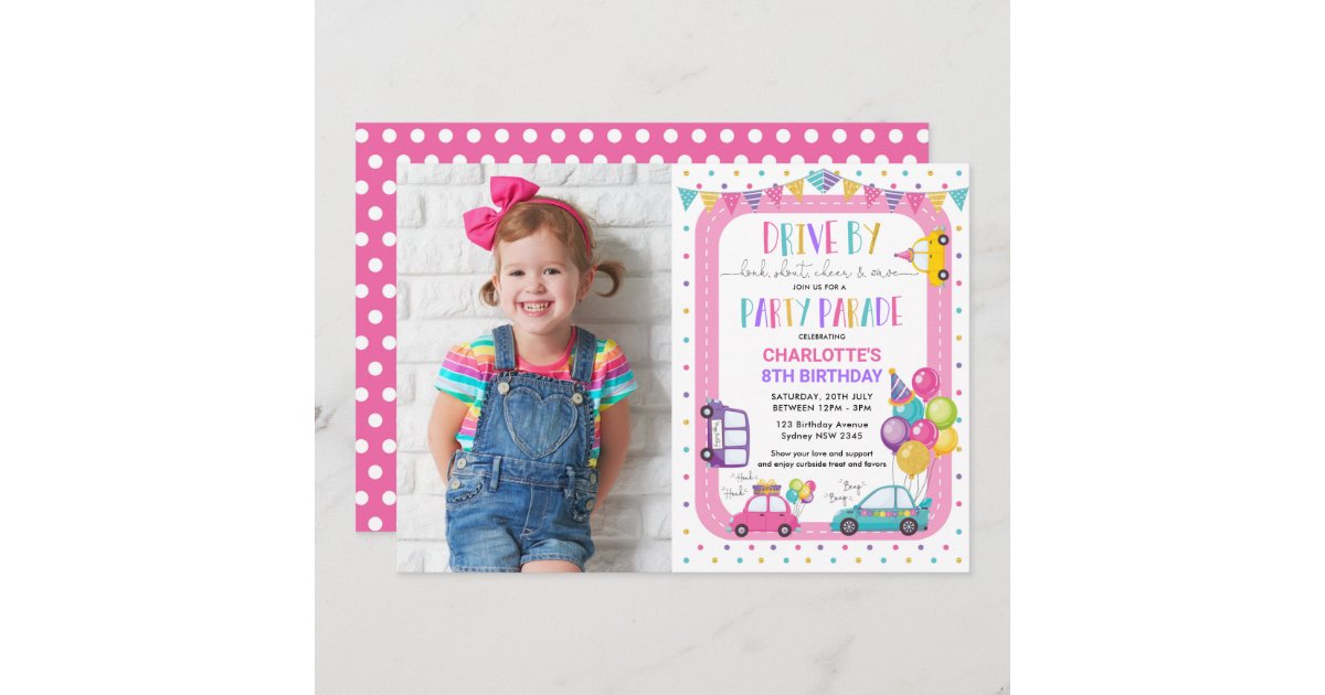 Cute Girl Drive Thru Birthday Party Parade Photo Invitation | Zazzle
