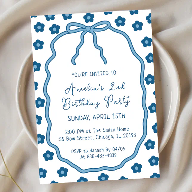 Cute Girly Blue Flowers and Bow Birthday Party Invitation | Zazzle