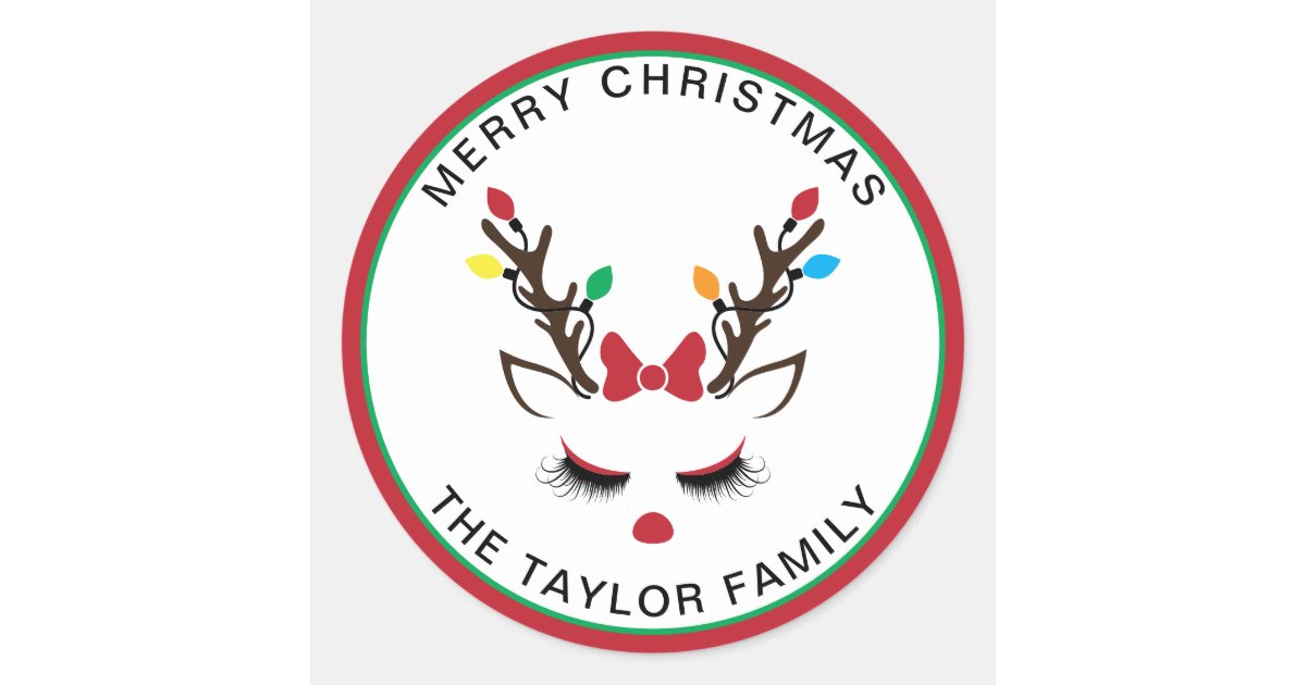 Cute Girly Christmas Reindeer Red Nose Face Classic Round Sticker | Zazzle