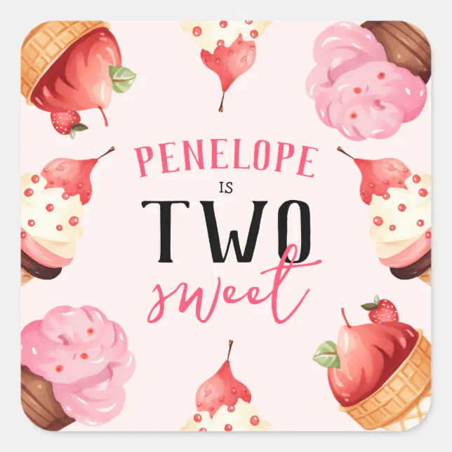 Cute Girly Two Sweet Ice Cream Birthday Square Sticker | Zazzle