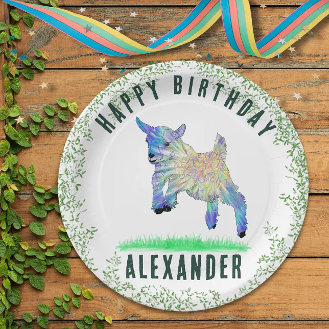 Cute Goat Happy Birthday Party Personalised Name Paper Plate | Zazzle